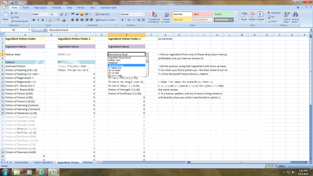 Minecraft Potion Brewing Excel File v1.1 - Minecraft Tools - Mapping ...